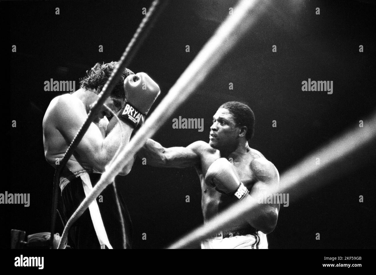 USA's Trevor Berbick puts Canada's Mark Lee up against the ropes Stock Photo - Alamy