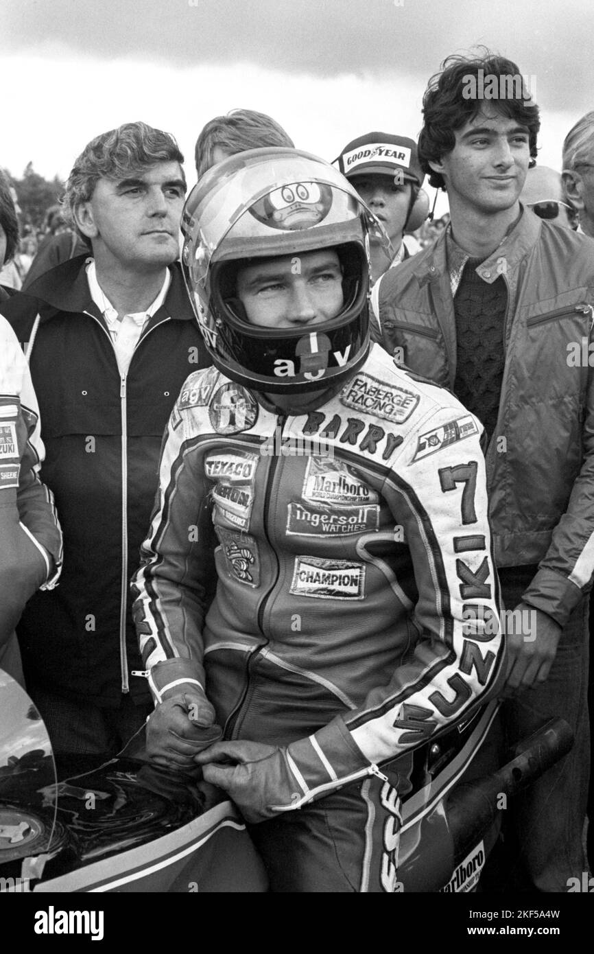 Barry Sheene pictured before the start of the 500cc race, in which he ...