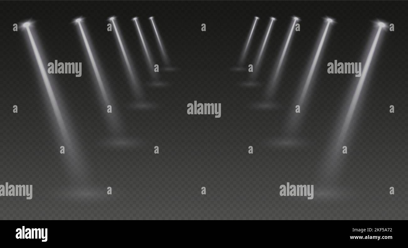 Stage spotlights, realistic light corridor, shiny white beams overlay ...