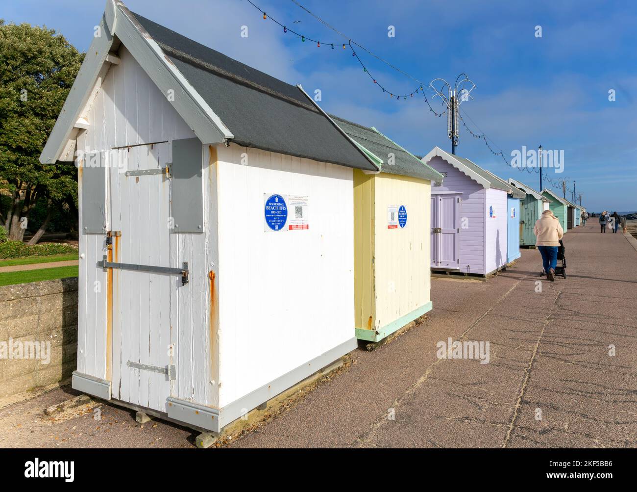 Historic wooden beach huts from 1880s on seafront, Felixstowe, Suffolk ...