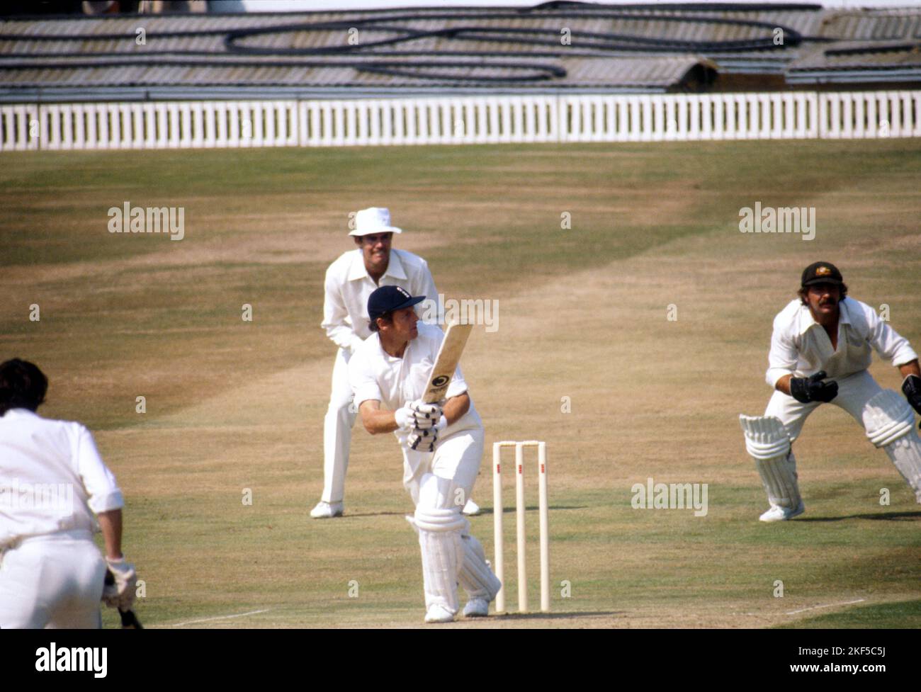 England's Geoff Boycott (l) clips the ball off his pads to leg on the ...