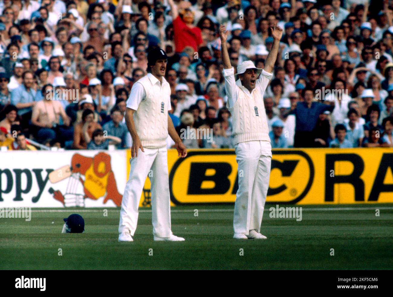 (L-R) England's Chris Tavare and Mike Brearley celebrate a wicket Stock ...