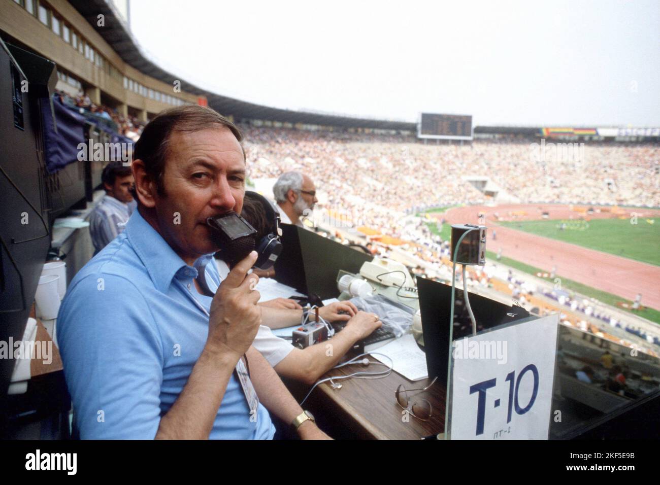 BBC commentator David Coleman in the Lenin Stadium, Moscow Stock Photo ...