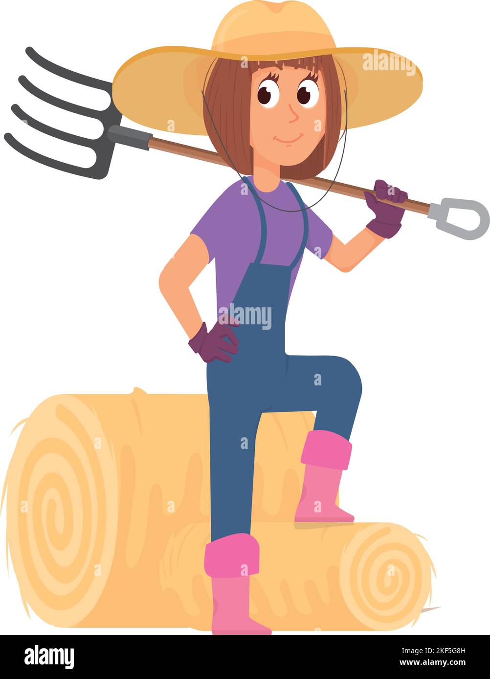 Female farmer with pitchfork stacking hay roll. Cartoon icon Stock ...