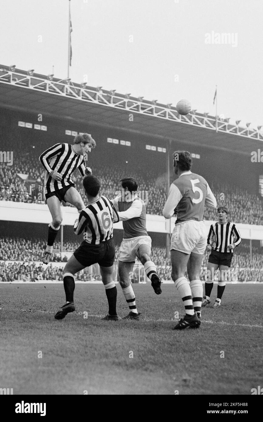 (L-R) Newcastle United's Wyn Davies heads clear, watched by teammate ...
