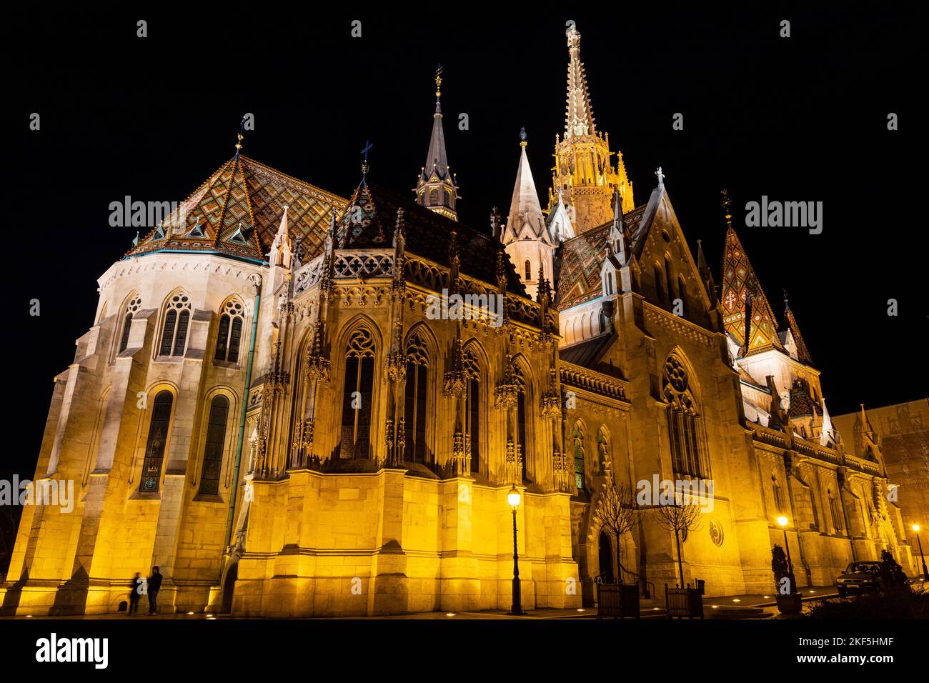 Night view of illuminated Church of the Assumption of the Buda Castle ...