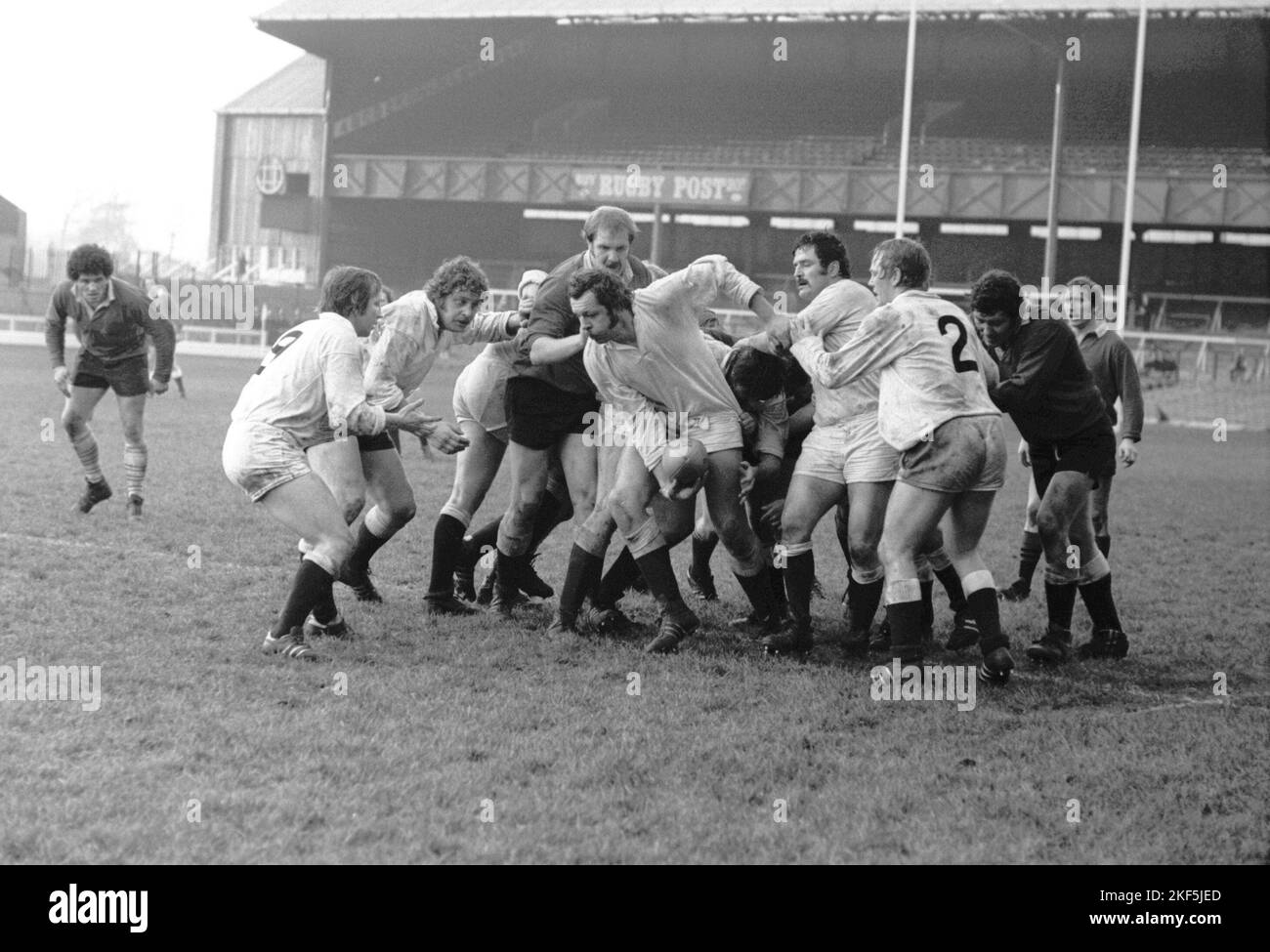 Bill Beaumont (c) hands the ball to his scrum half from a maul Stock ...