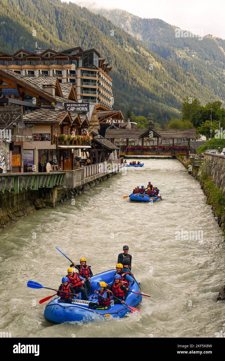 Rafting on the Arve River through the centre of the alpine town in ...