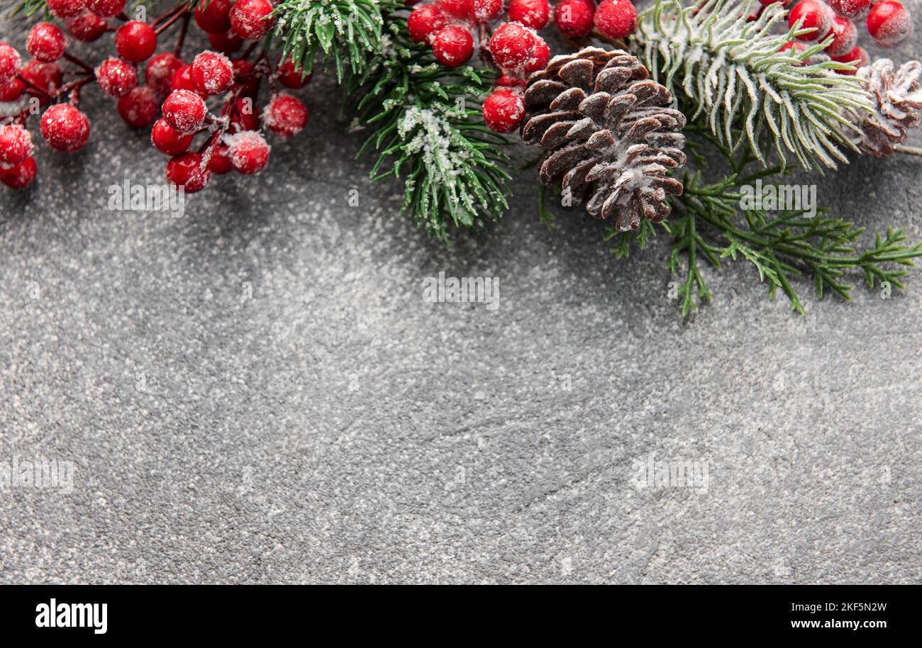 Christmas Background. Fir Tree Decorations On Black Concrete With Copy ...