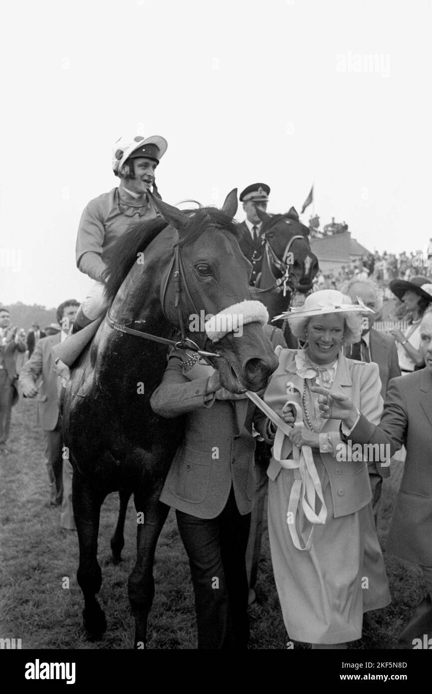 Golden Fleece, Pat Eddery up, is led in by owner Mrs Robert Sangster ...