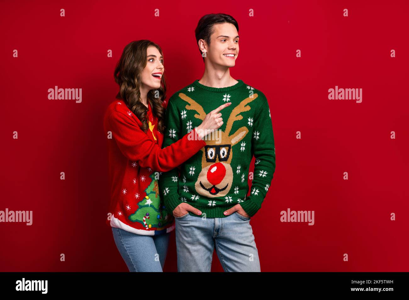 Photo of amazed couple wife husband look empty space wow omg season ...