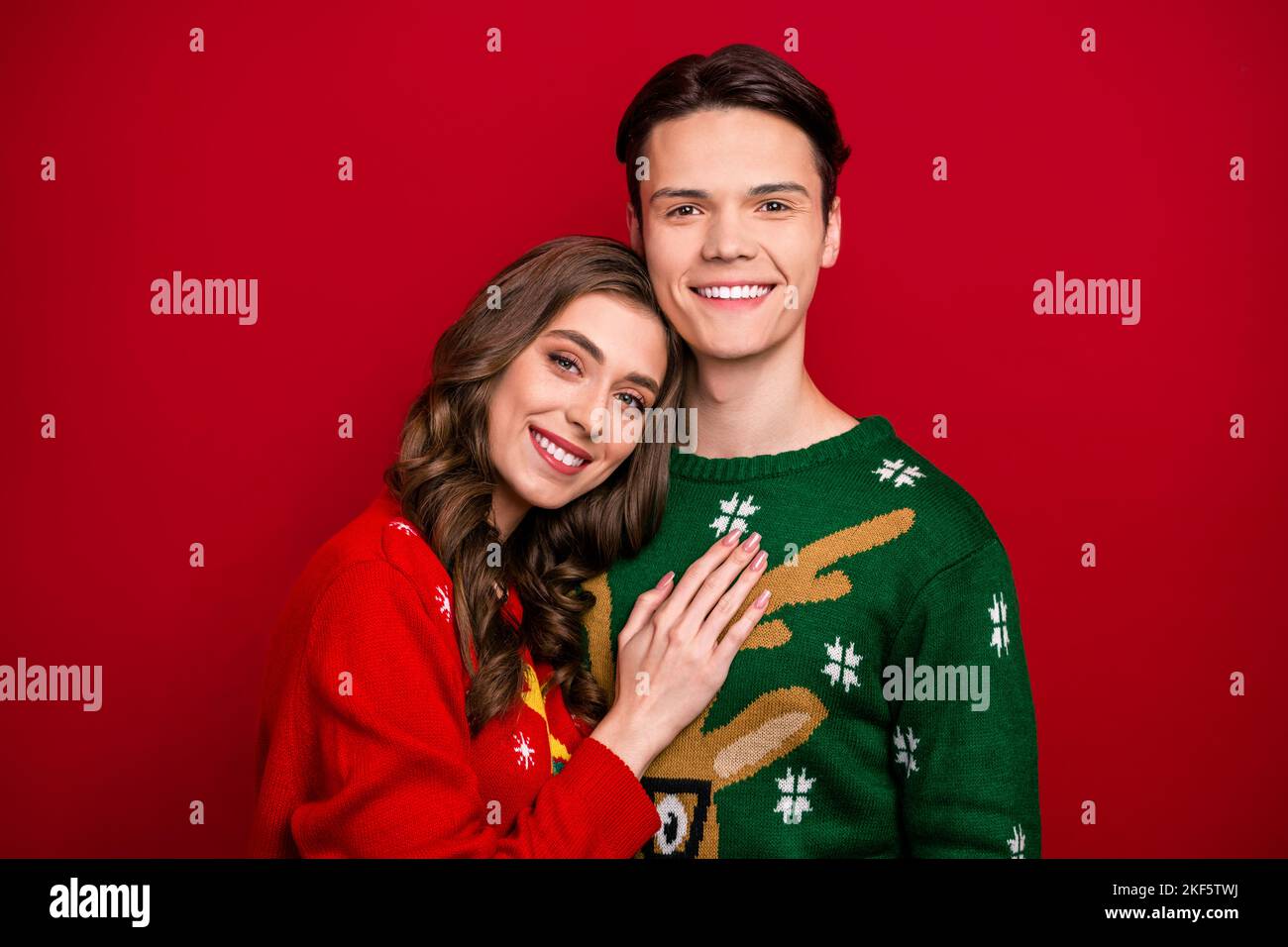 Photo of pretty cute couple wife husband hand touch chest heart ...