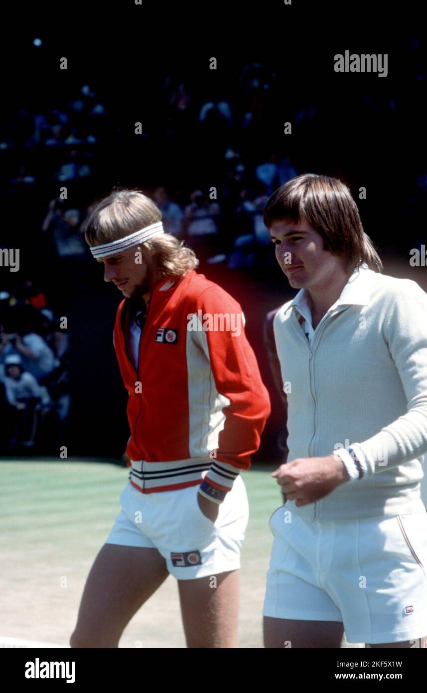 The two men's singles finalists, Bjorn Borg and Jimmy Connors, walk ...