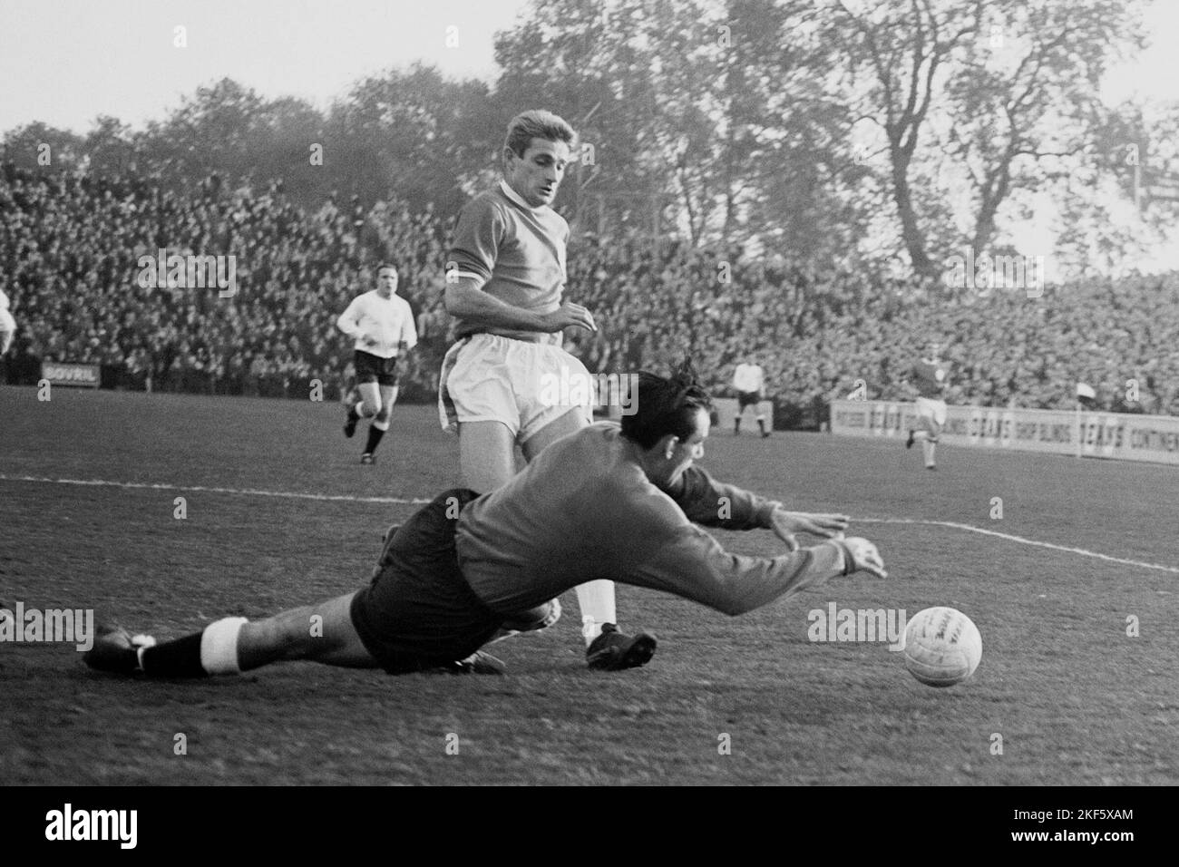 Fulham goalkeeper Tony Macedo dives at the feet of Liverpool's Roger Hunt Stock Photo - Alamy