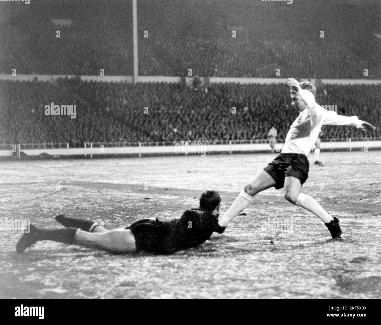 England's Alan Ball (r) pokes the ball past USSR goalkeeper Yuri ...