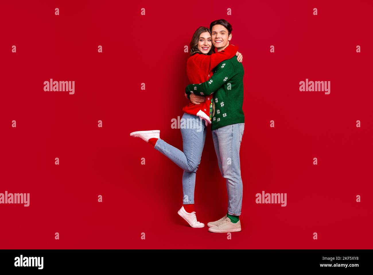 Full size portrait of two peaceful lovely partners hug embrace empty ...