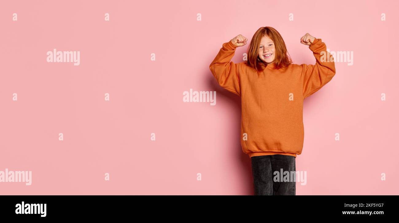 Flyer with excited little girl, emotional kid with charming freckles ...