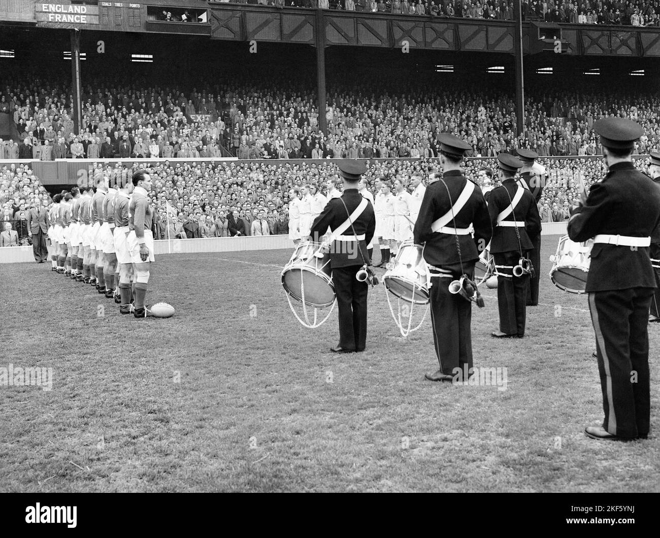 The Royal Marines Band plays the National Anthems, as both teams stand ...