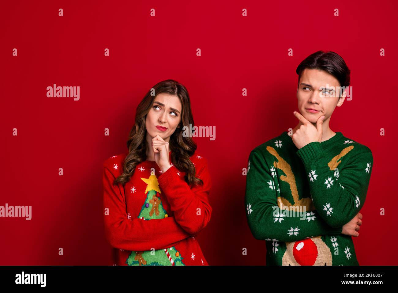 Photo of two minded people hand touch chin look empty space hesitate ...