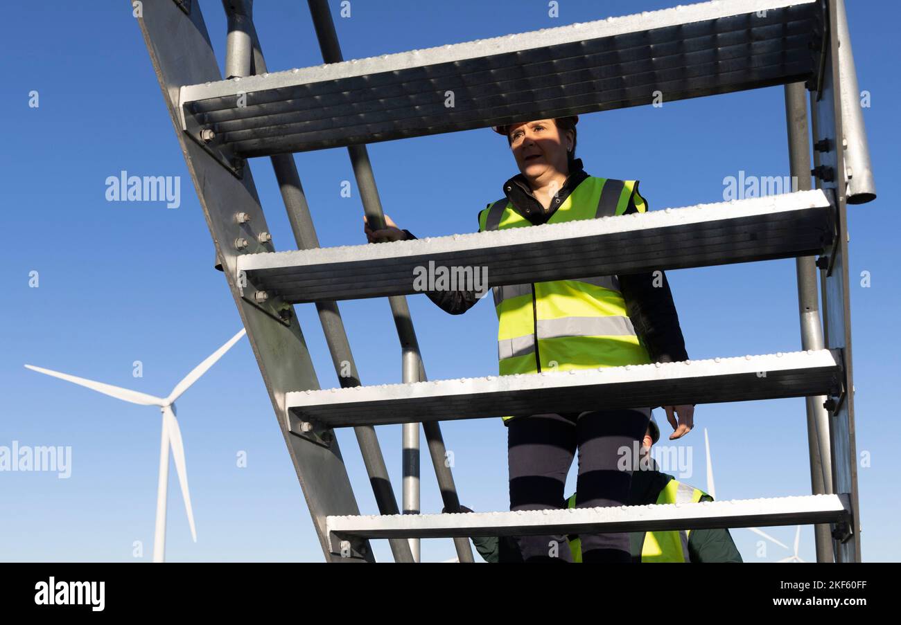 First Minister Nicola Sturgeon during a visit to Kype Muir windfarm ...