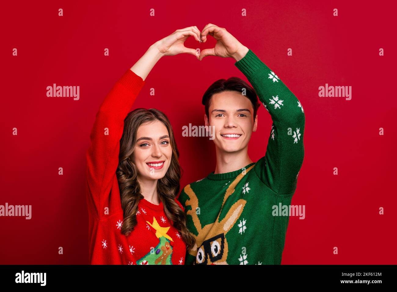 Photo of two idyllic soulmates arms fingers touch make heart symbol ...