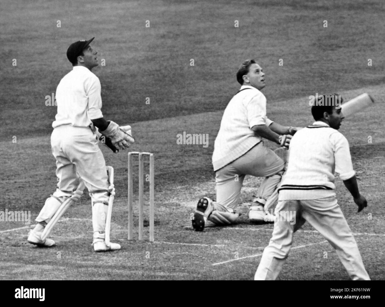 Ken Higgs (Lancashire), pulls a ball from F.J.Titmus for two runs Stock ...