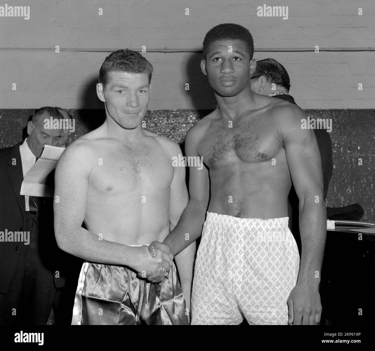 Great Britain's Mick Leahy (l) shakes hands with opponent Ted Wright at the weigh-in ahead of ...