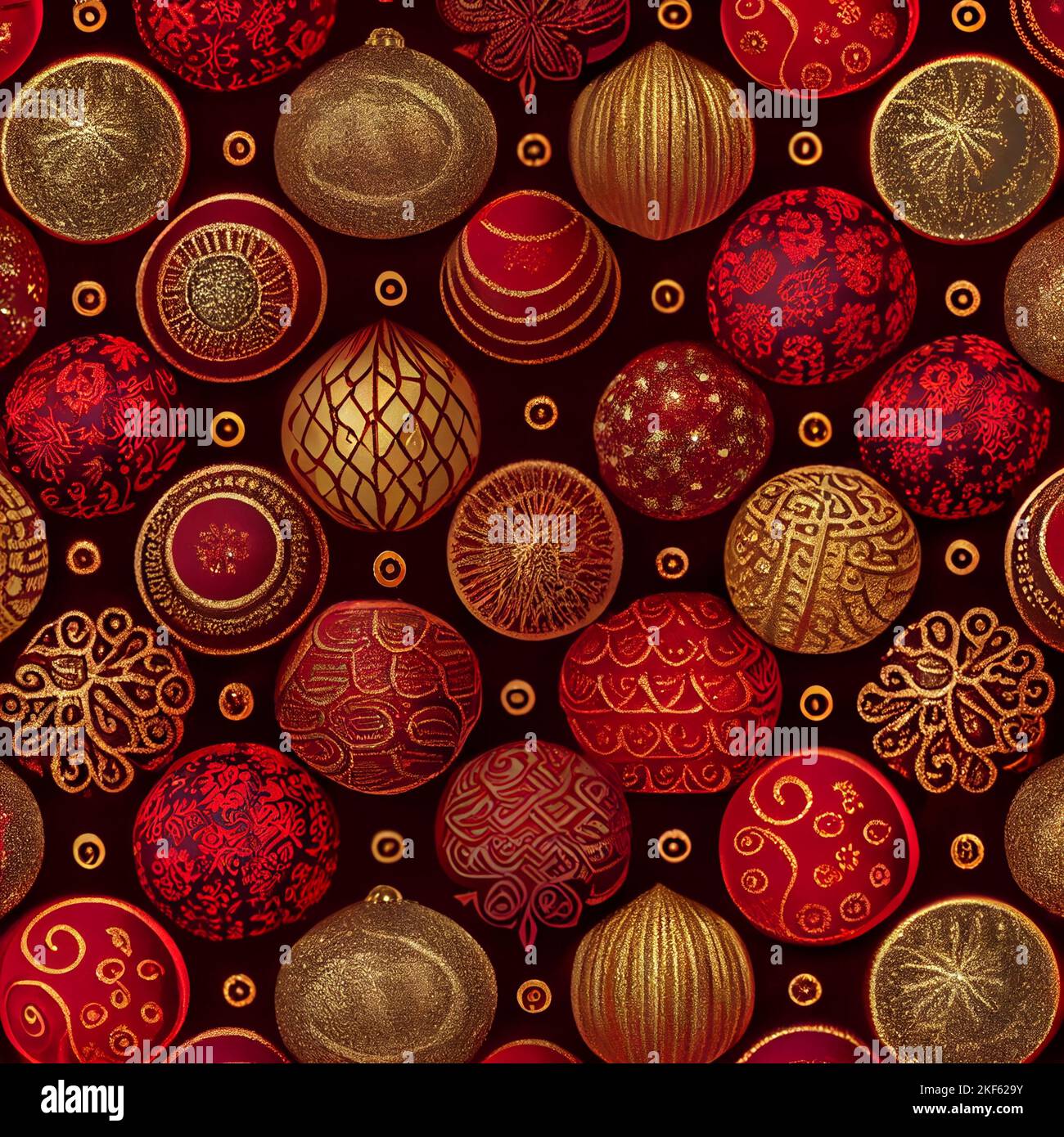 Sparkling golden and red Christmas baubles on a maroon background, can ...