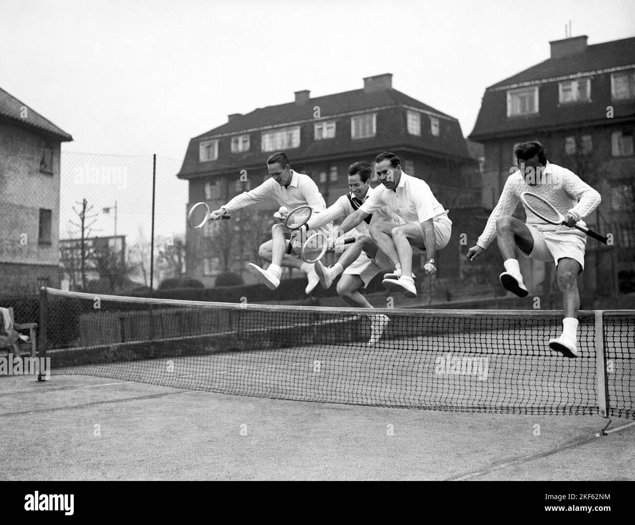 L to R: Jack Kramer, Riggs, Dinny Pails and Segura train before the ...