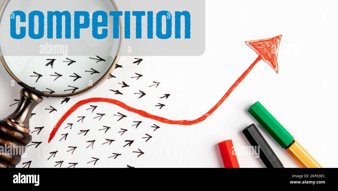 Competition Concept. Direction arrows, colored pens and magnifying ...