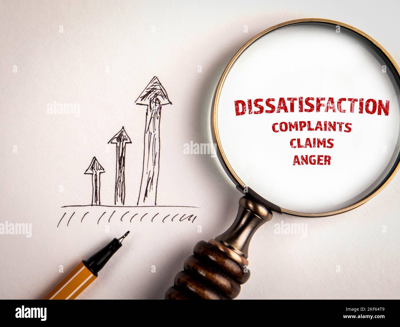DISSATISFACTION concept. Text and magnifying glass on white background ...