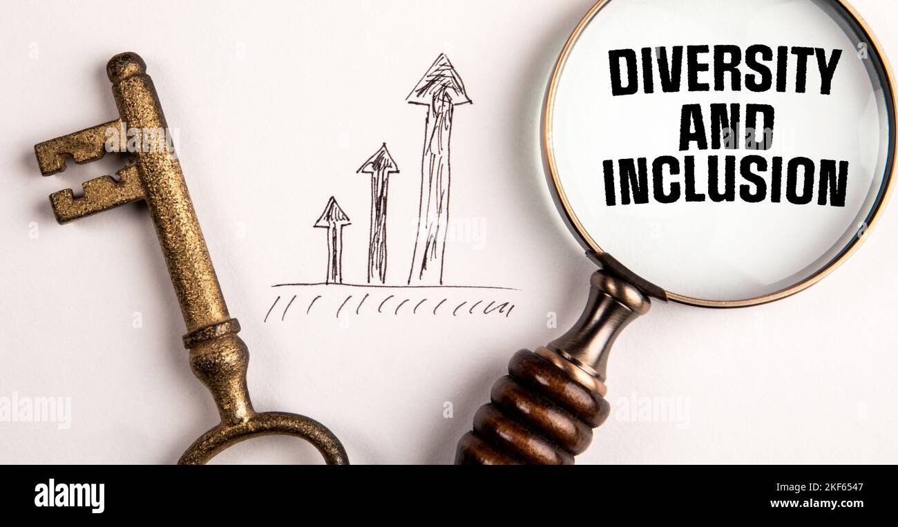 Diversity and Inclusion. Magnifying glass and key on white background ...