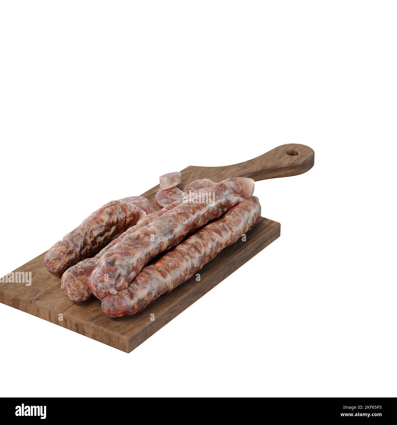 A 3D render of a wooden board with homemade sausages isolated on a ...