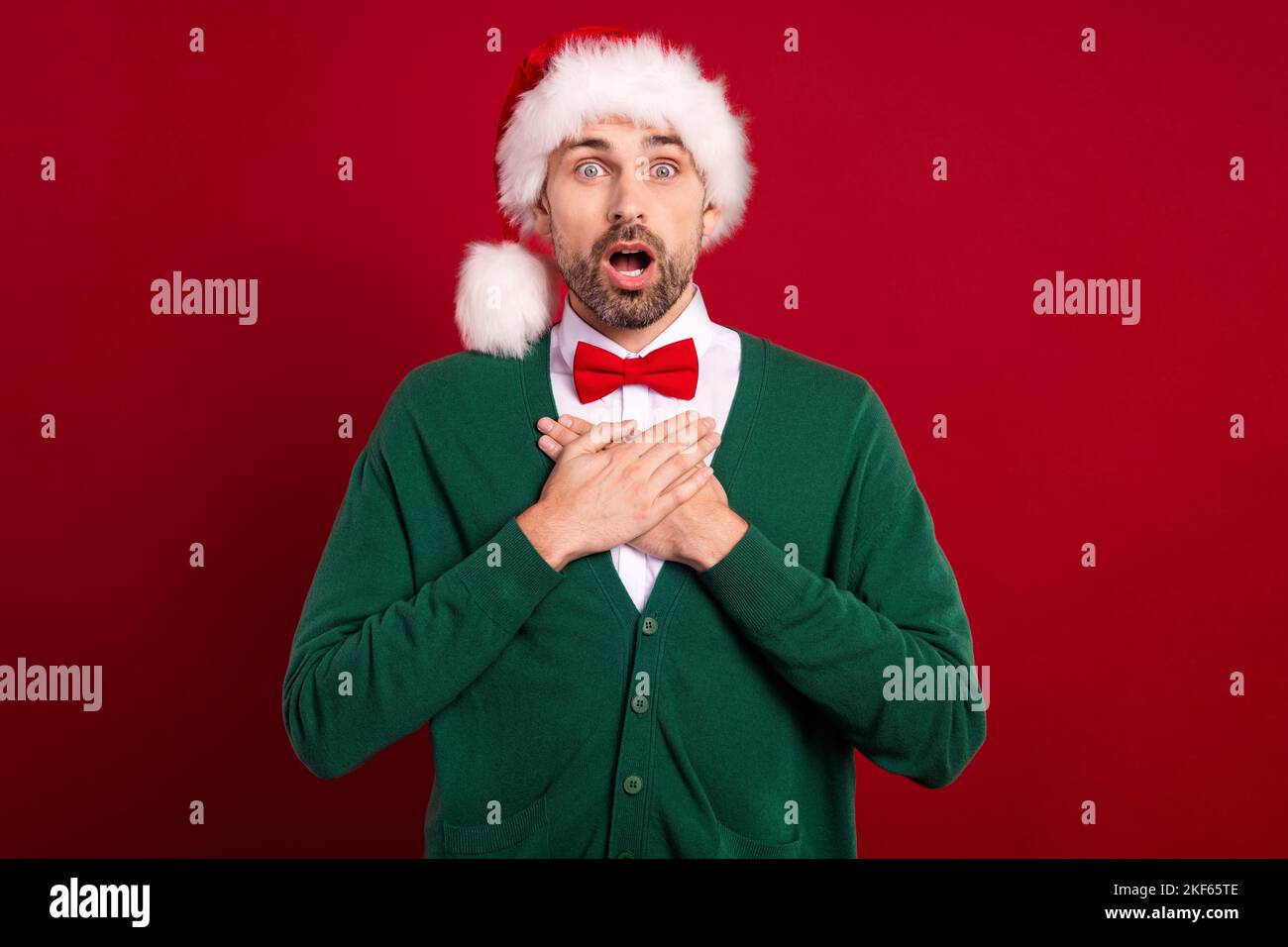 Photo of thankful funny open mouth guy bristle beard hands chest nice ...