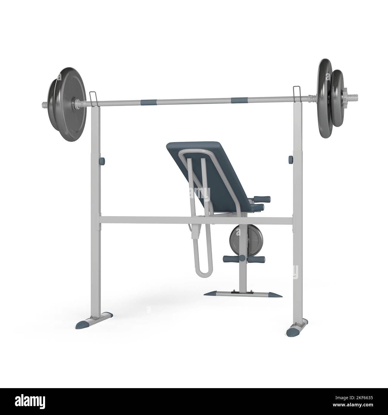 A 3D render of a gym bench with a bar and weights isolated on a white ...