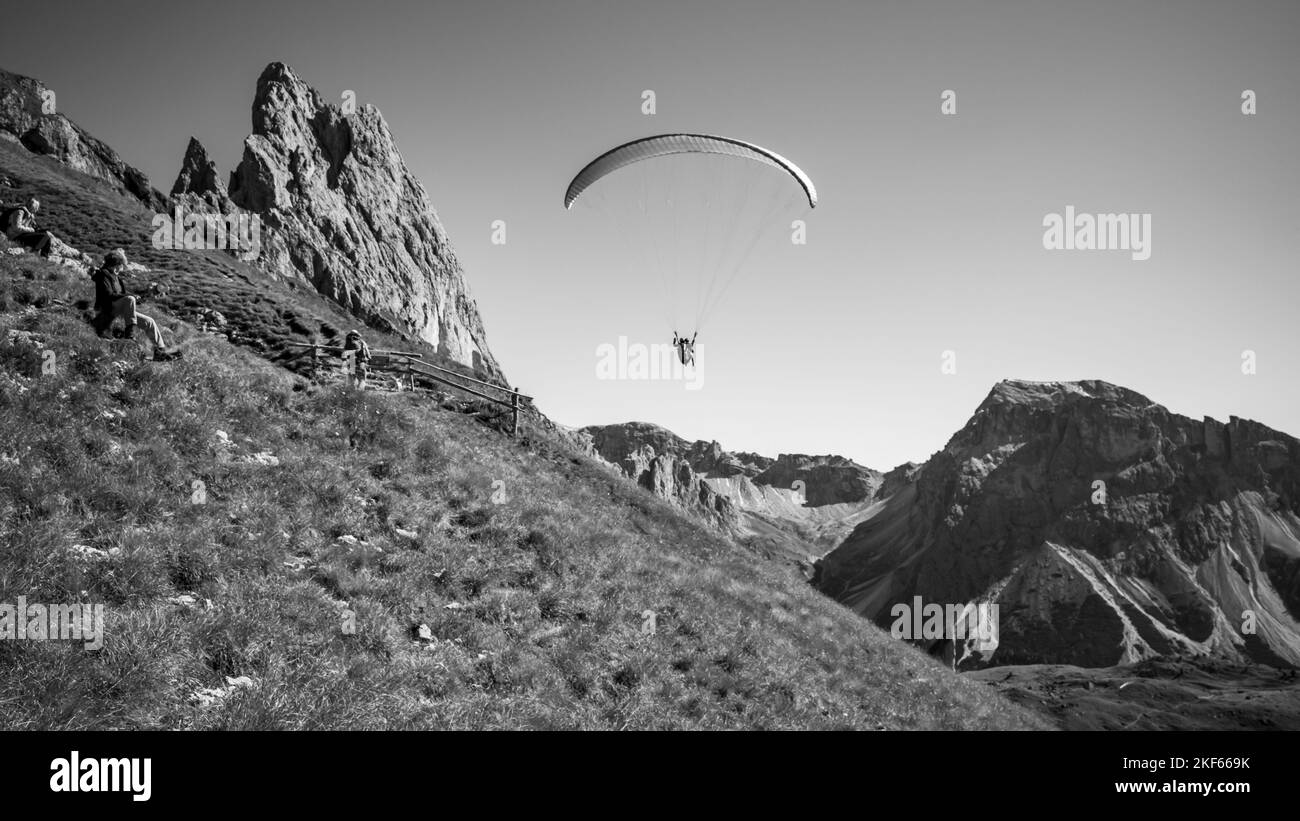 low angle view of a paraglider in the Dolomites Seceda Italy Stock ...
