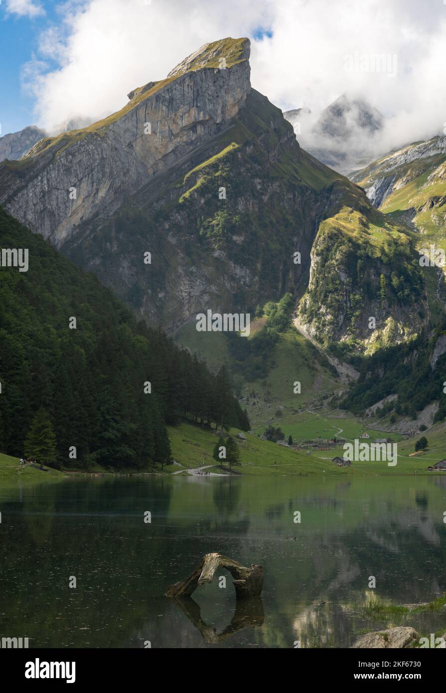 A vertical shot of the Seealpsee lake near Appenzell and Alpstein ...