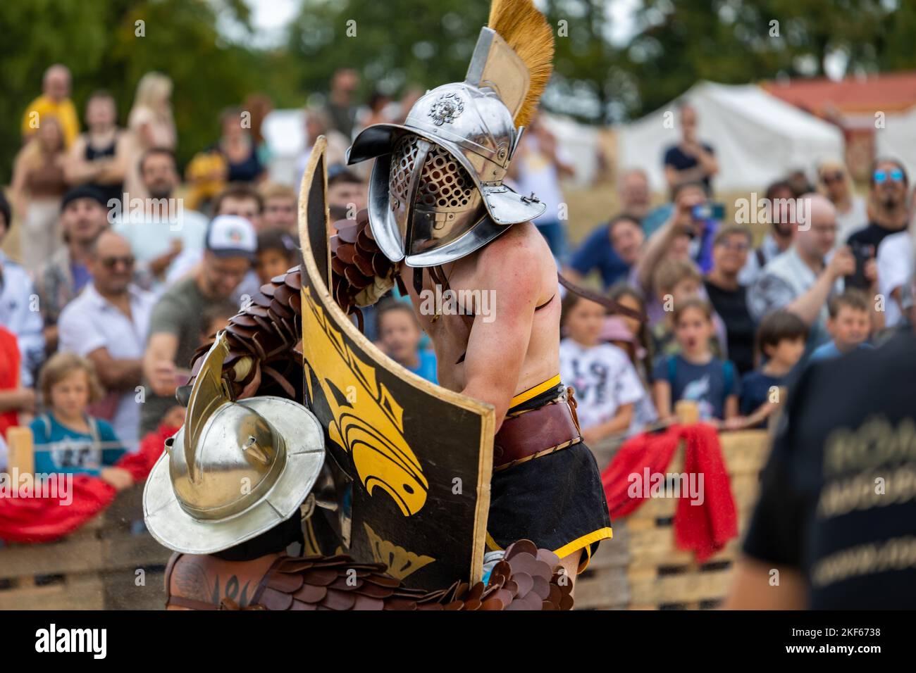 Two gladiators fighting to the death during the Roman festival in Augusta Raurica Stock Photo ...