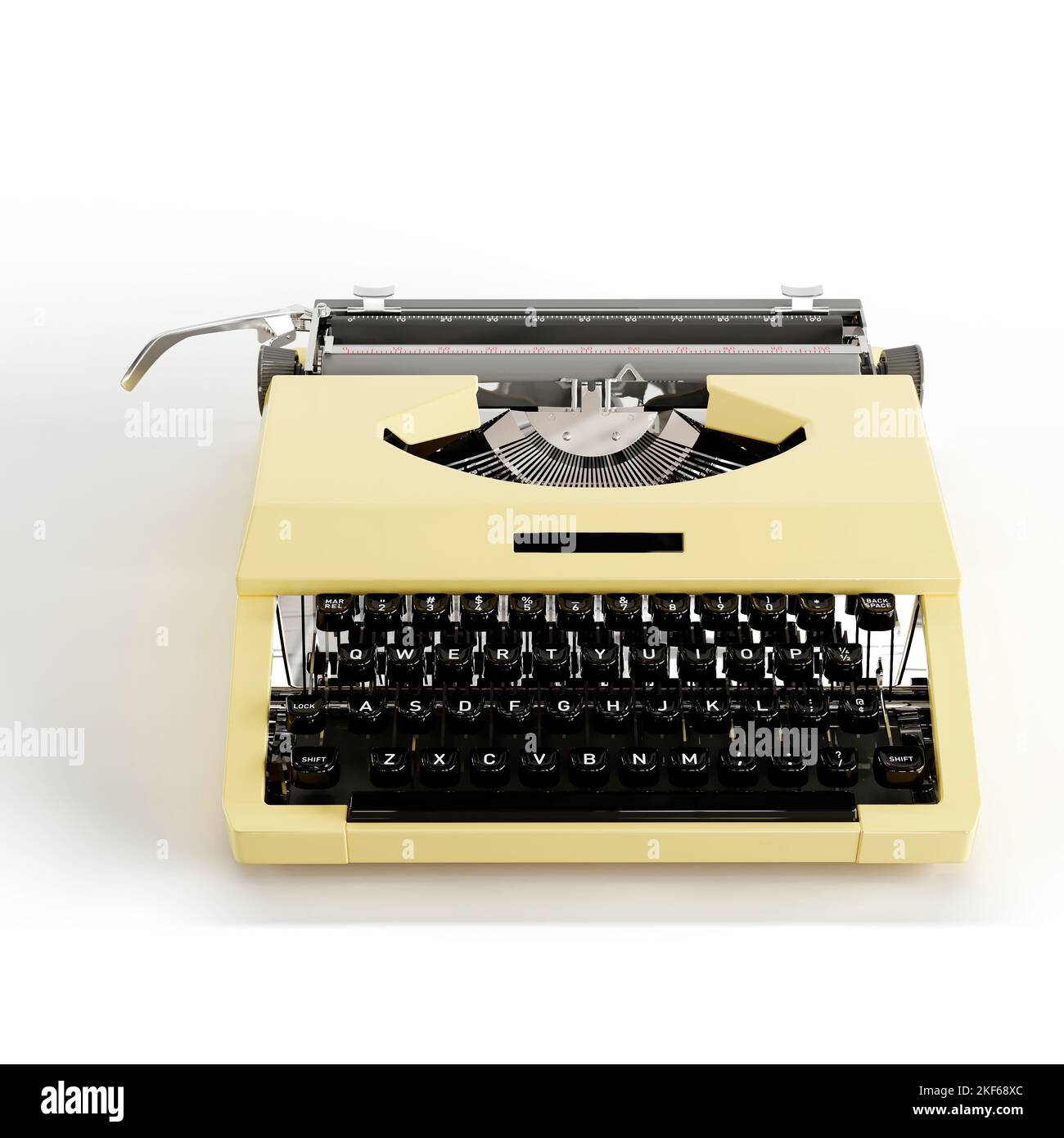 A 3D rendering of a yellow old typing machine isolated on a white ...