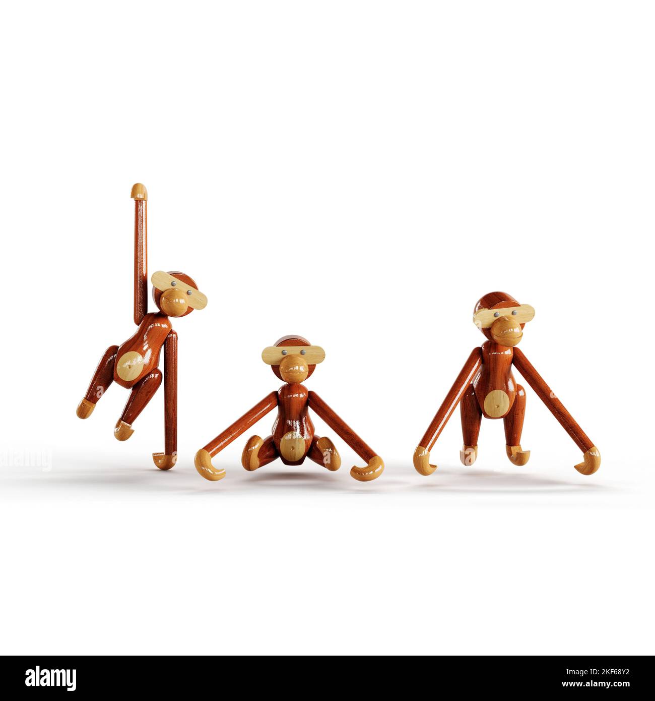 A 3D rendering of three wooden toy monkeys in different poses isolated on a white background ...