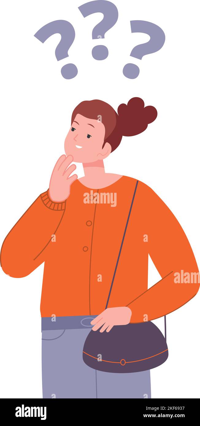 Woman with question marks around head. Choice or problem solving ...
