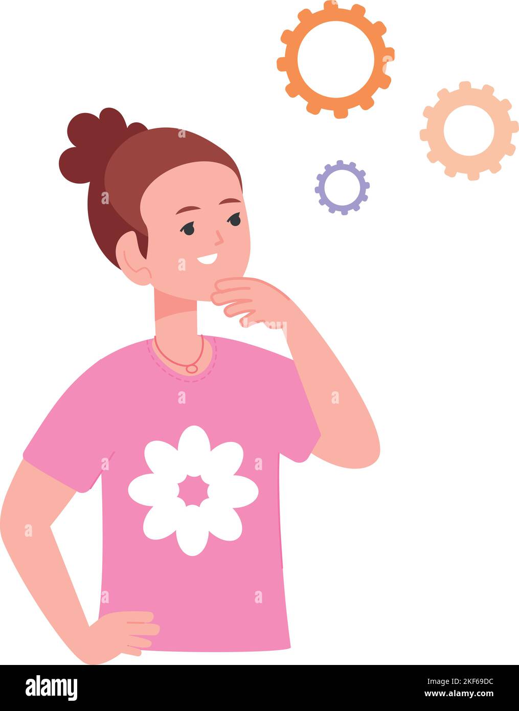 Kid thinking process. Brainstorming girl. Smart character with gears ...