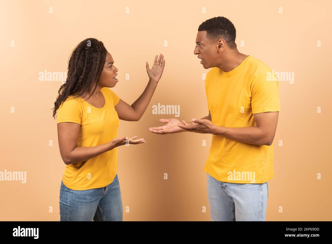 Black man and woman shouting at each other, fighting, looking at each ...