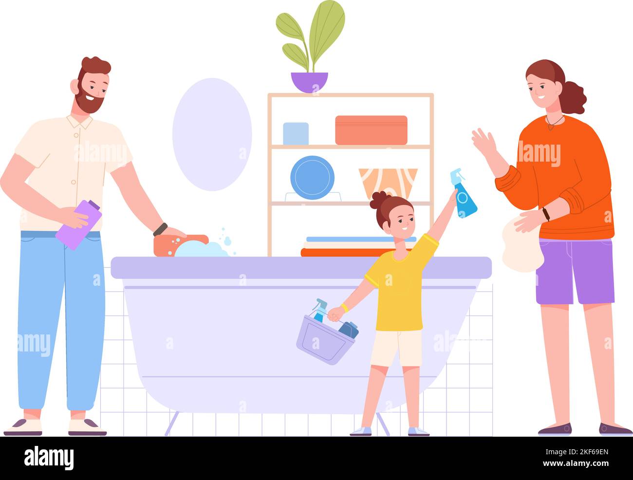Family cleaning bathroom together. Kid helping with housework routine ...