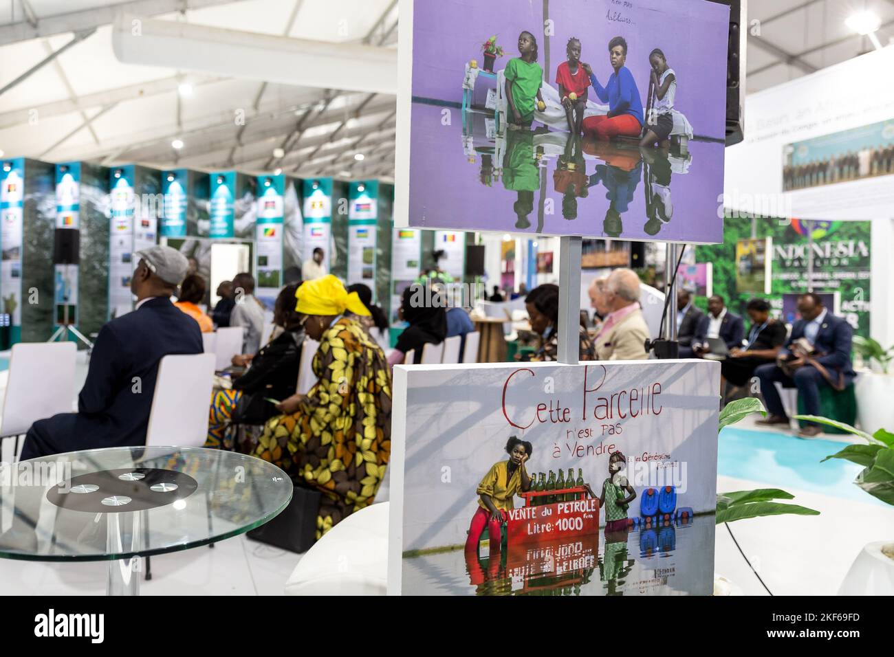 Participants meet on a discussion panel in Congo Basin Pavilion during ...