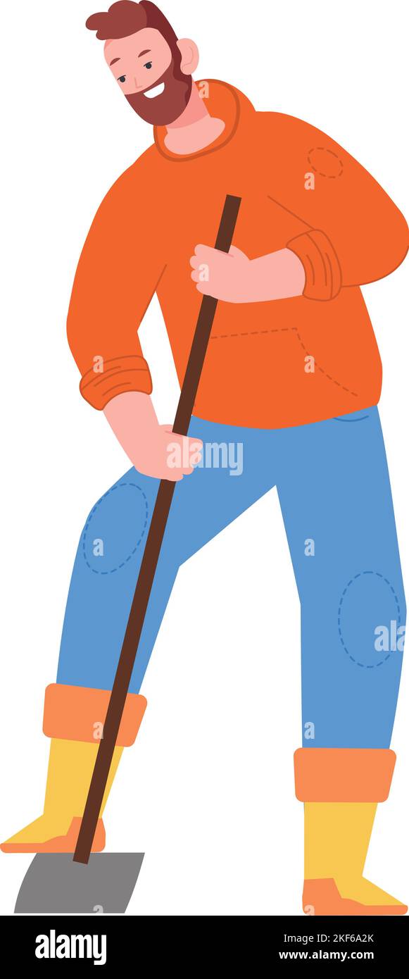 Man digging with shovel. Gardening ground soil work isolated on white ...