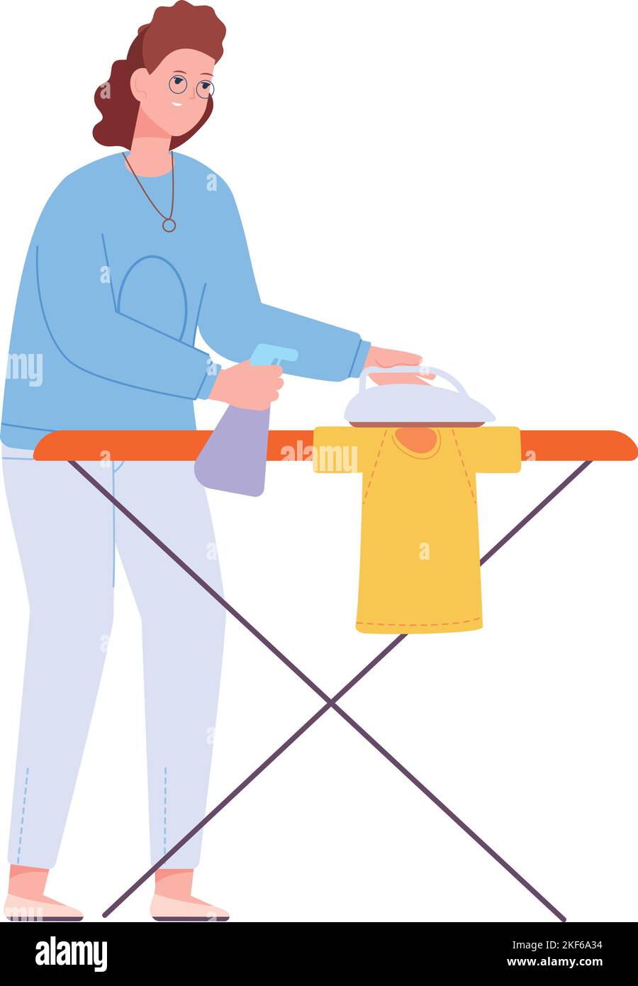 Woman ironing clothes on board. Househwork routine isolated on white ...