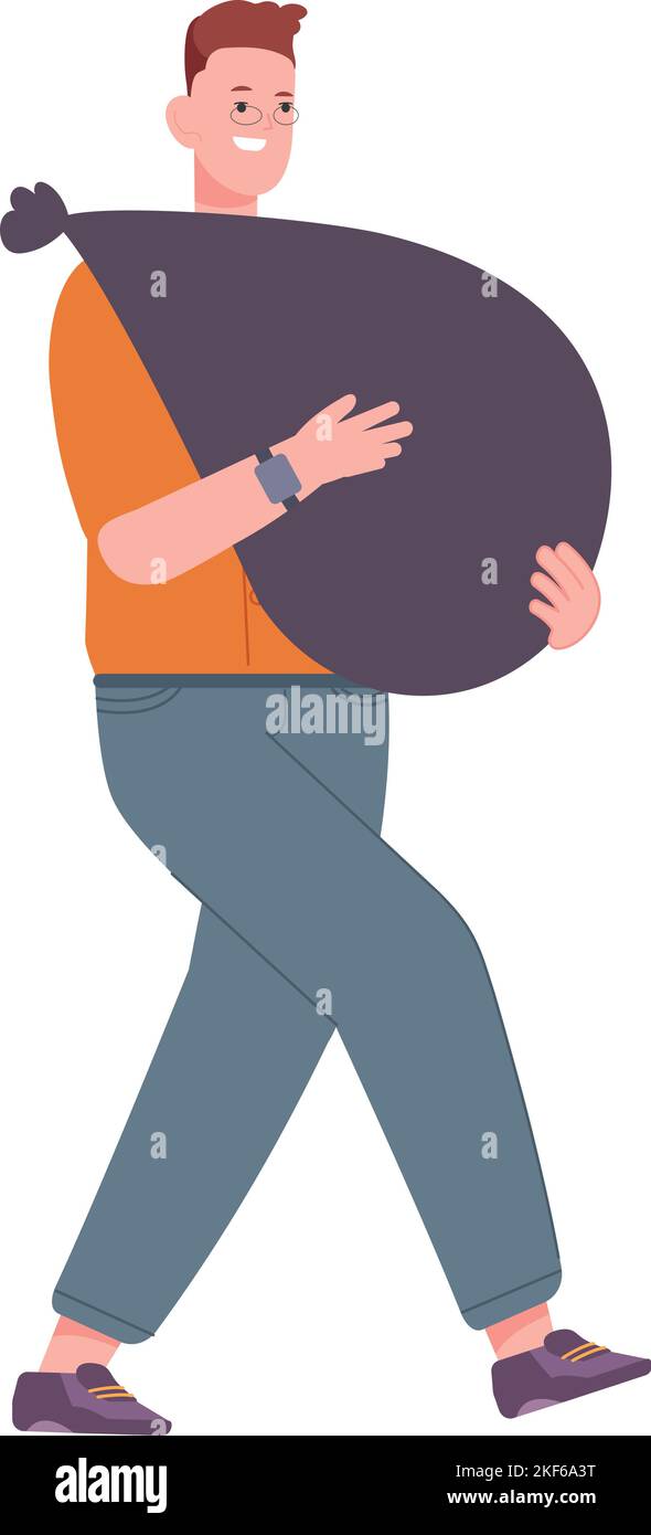 Man carrying plastic trash bag. Throwing garbage waste isolated on ...