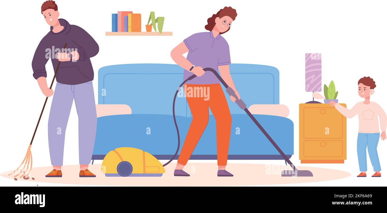 Family housework. Parents cleaning room. Kid helping isolated on white ...