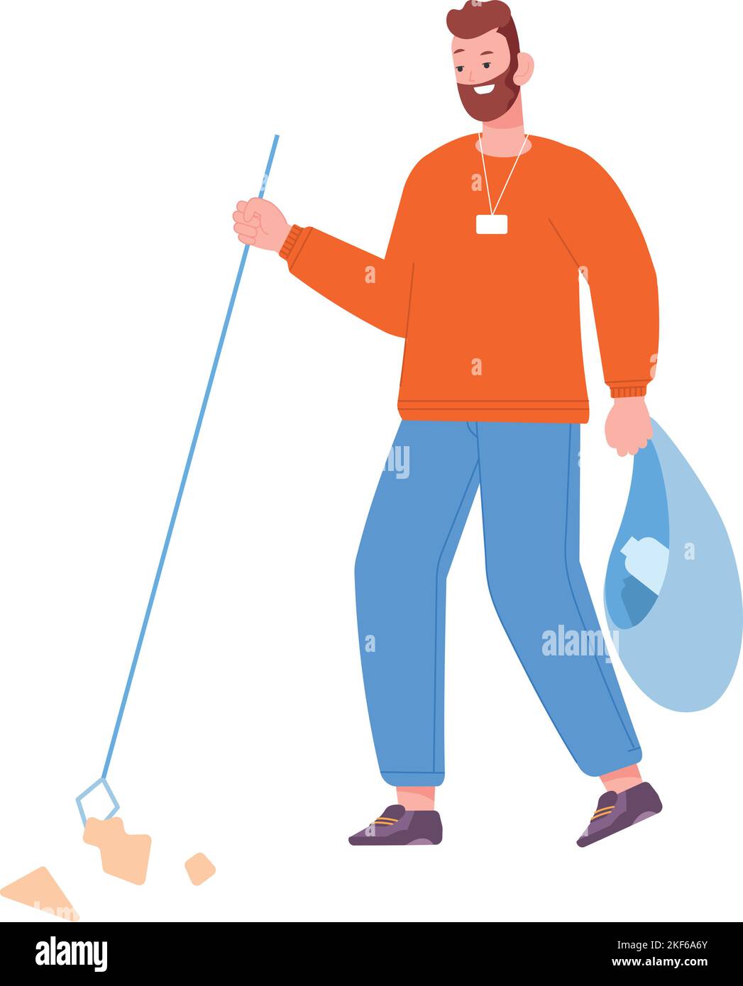 Man picking trash in bag. Environment cleaning person isolated on white ...